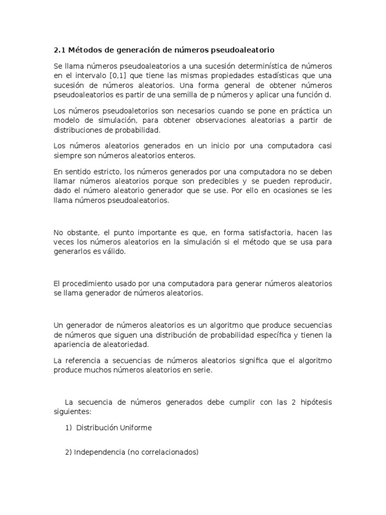 Metodos de Generacion de Numeros Pseudoaleatorios | PDF | Método Monte ...