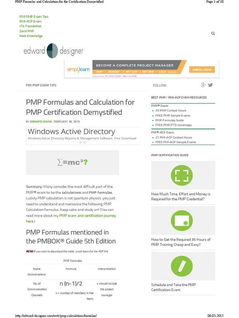 PMP Calculations Explained | PDF | Project Management Professional ...