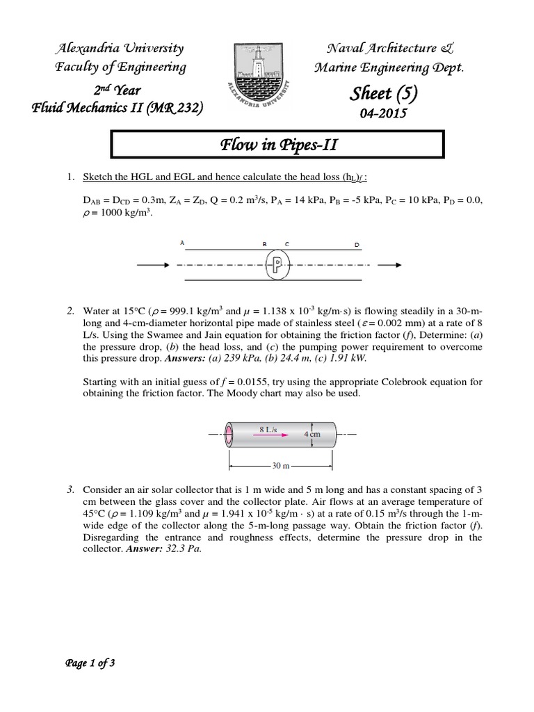 2nd Year - Fluid Mechanics 2 - Sheet | PDF | Duct (Flow) | Pressure