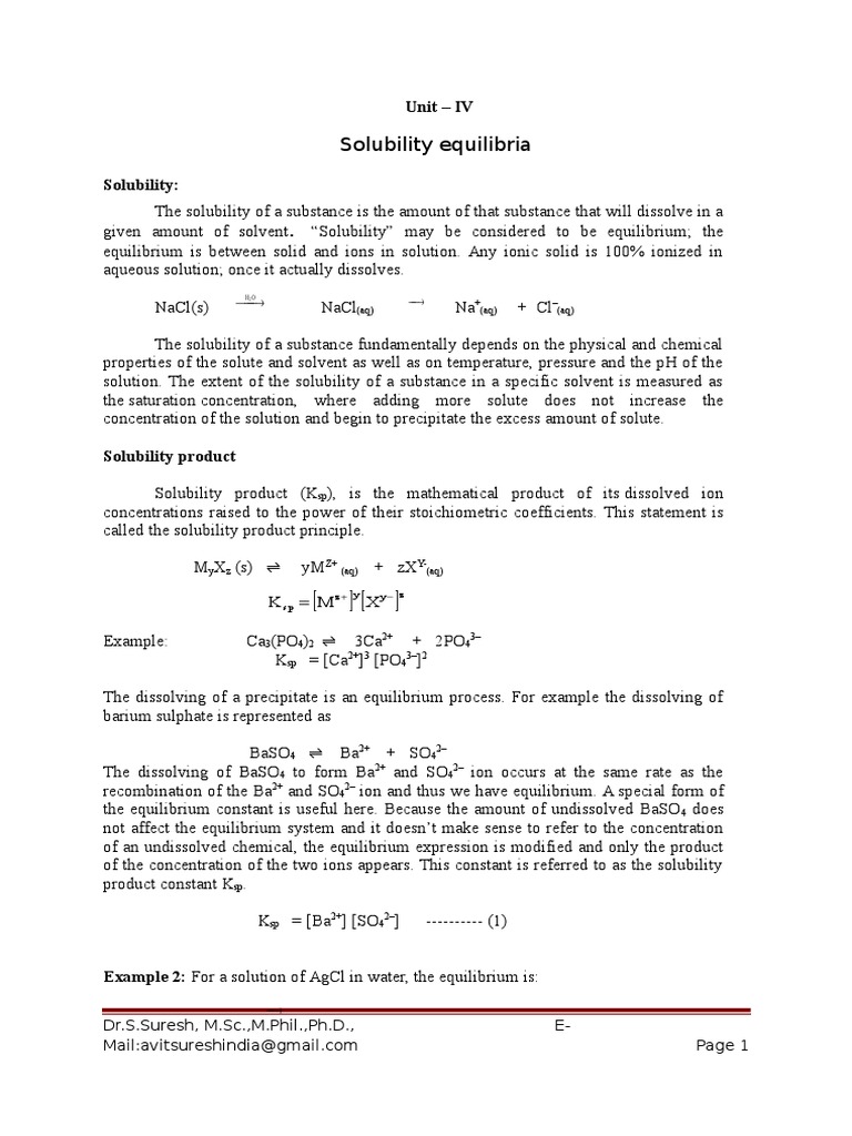 Solubility, Solubility Product, Precipitation Titration, Gravimetry ...