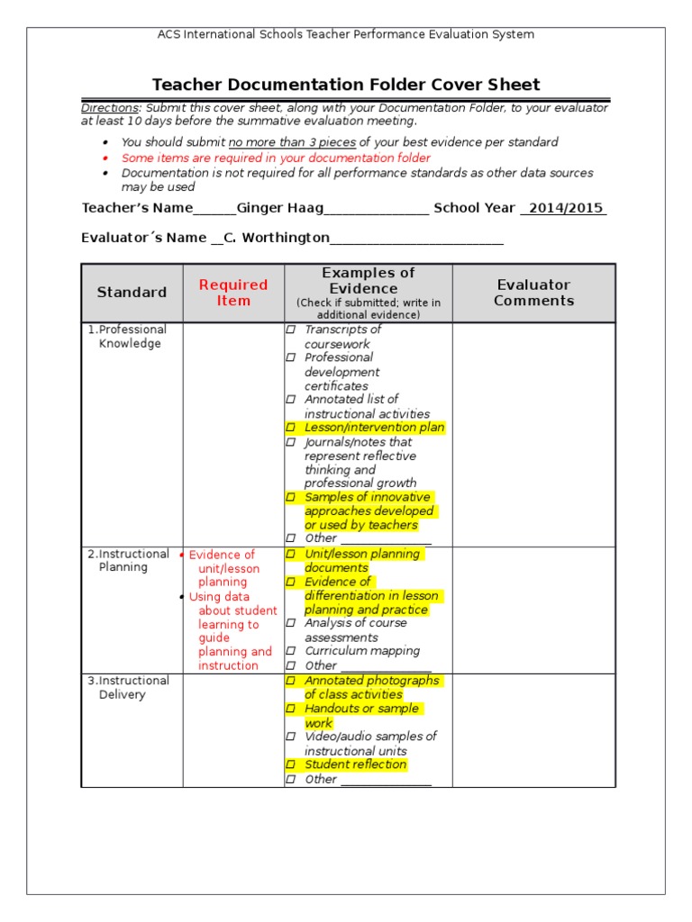 Stronge Teacher Documentation Folder Cover Sheet-With Modifications ...