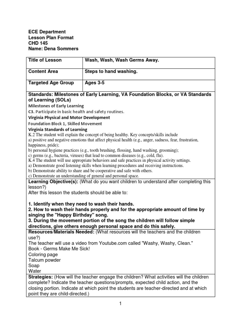 CHD 145 Lesson-Plan-Hand-Washing | PDF | Lesson Plan | Hand Washing