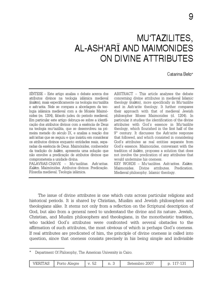 9 Mu Tazilites, Al-Ash Ar I and Maimonides On Divine Attributes ...