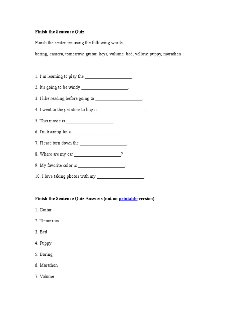 Finish The Sentence Quiz | PDF | Games & Activities | Language Arts ...