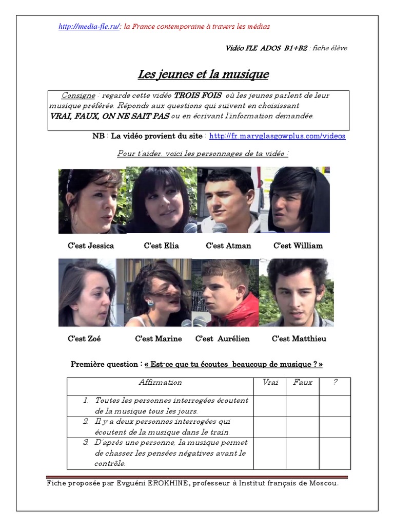 Les Jeunes Et La Musique (Vidéo B1 B2) | PDF | Arts du langage et ...