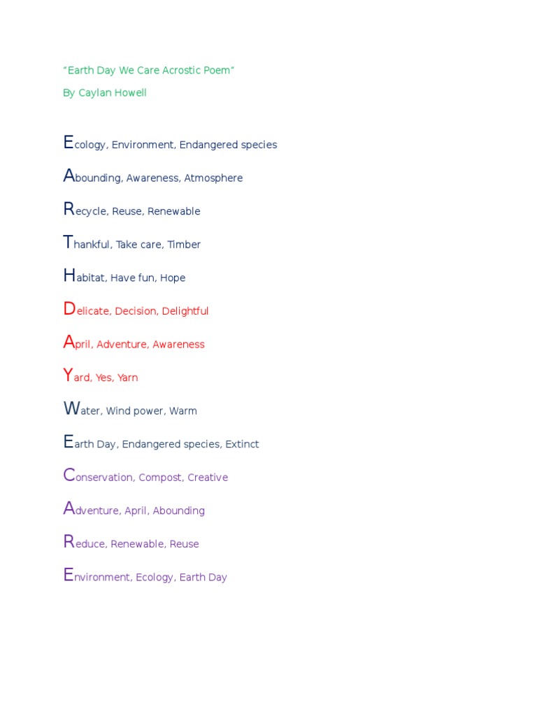 Earth Day We Care Acrostic Poem 2015 | PDF | Environmental Issues | Ecology