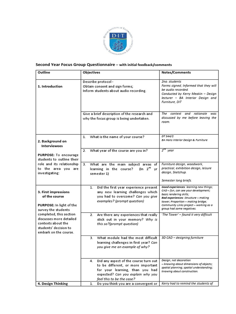 Second Year Focus Group Questionnaire: with initial feedback/comments ...