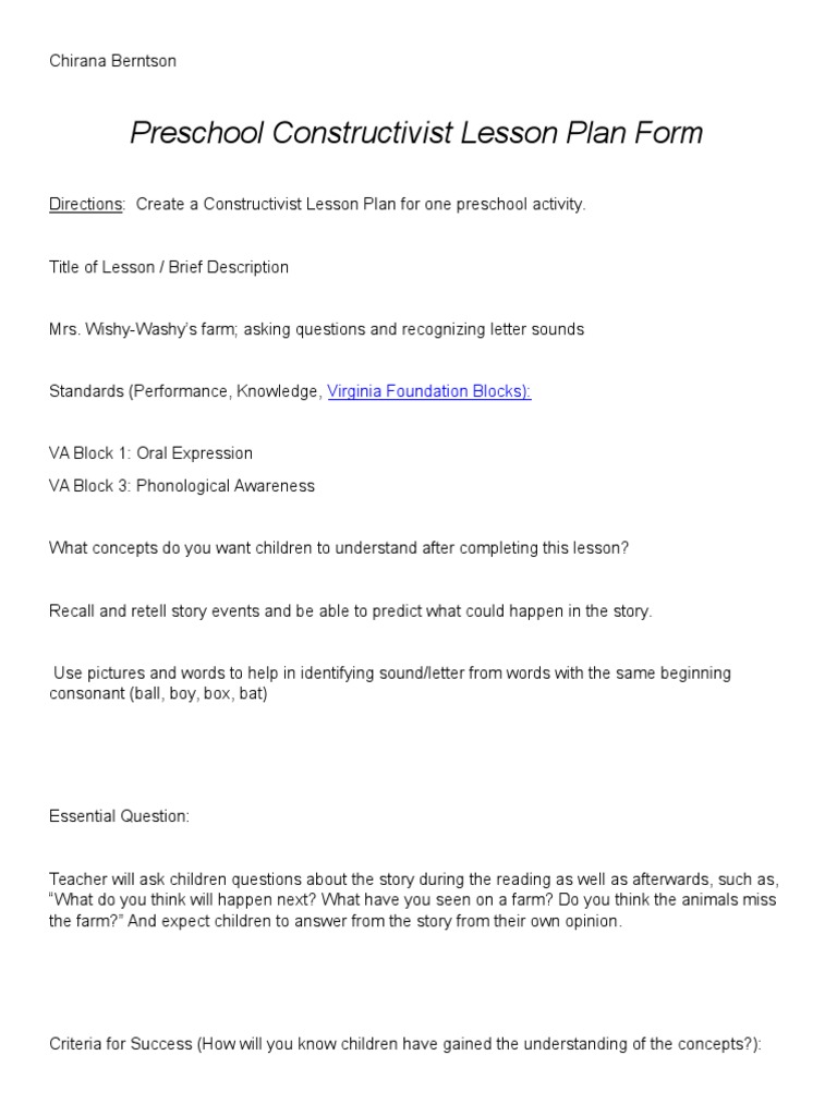 Preschool Constructivist Lesson Plan Form: Virginia Foundation Blocks ...