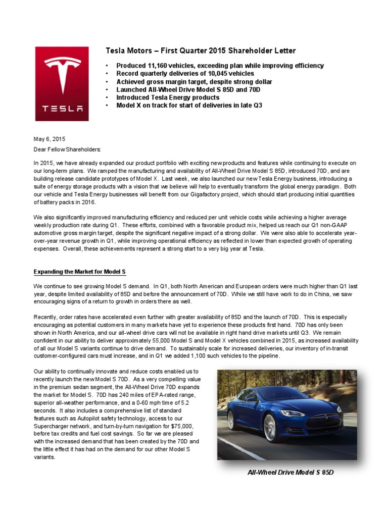 Tesla Motors Q1 15 Shareholder Letter | PDF | Tesla Model S | Revenue