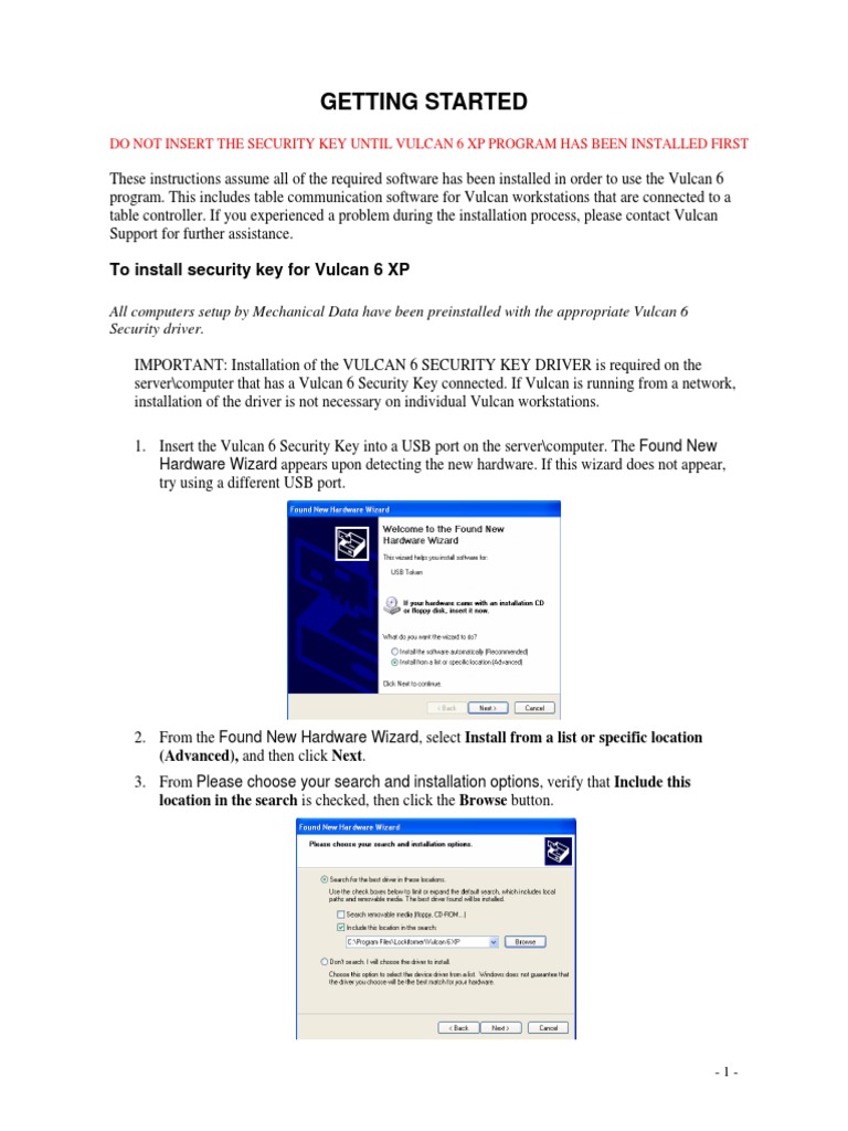 Step-by-Step Instructions for Installing Vulcan 6 XP Security Key, Creating Database Connections ...