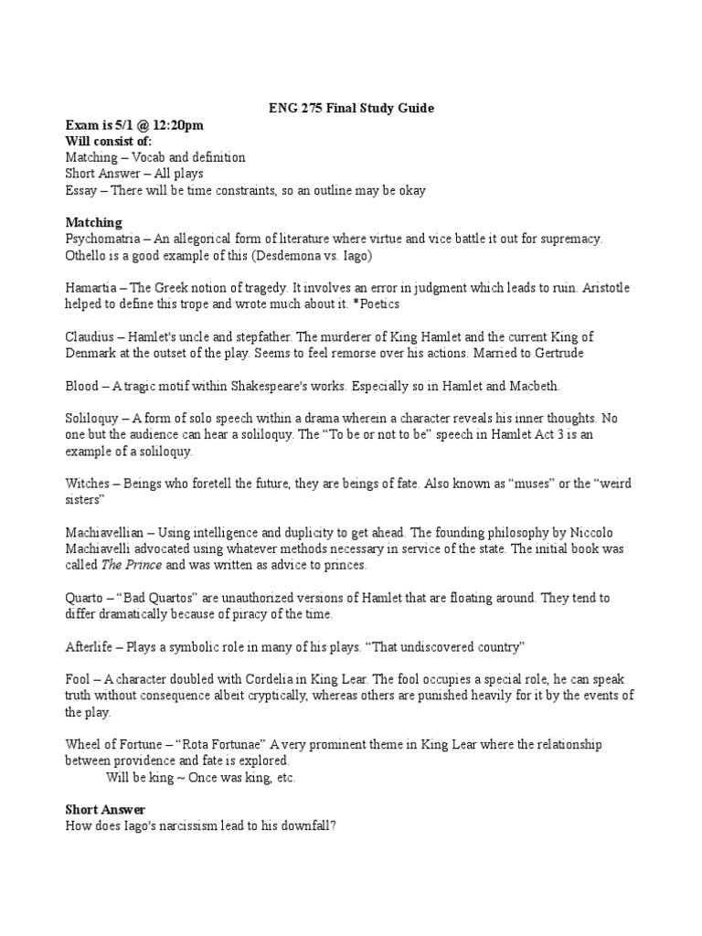 Final Exam Study Guide | PDF | Iago | Hamlet