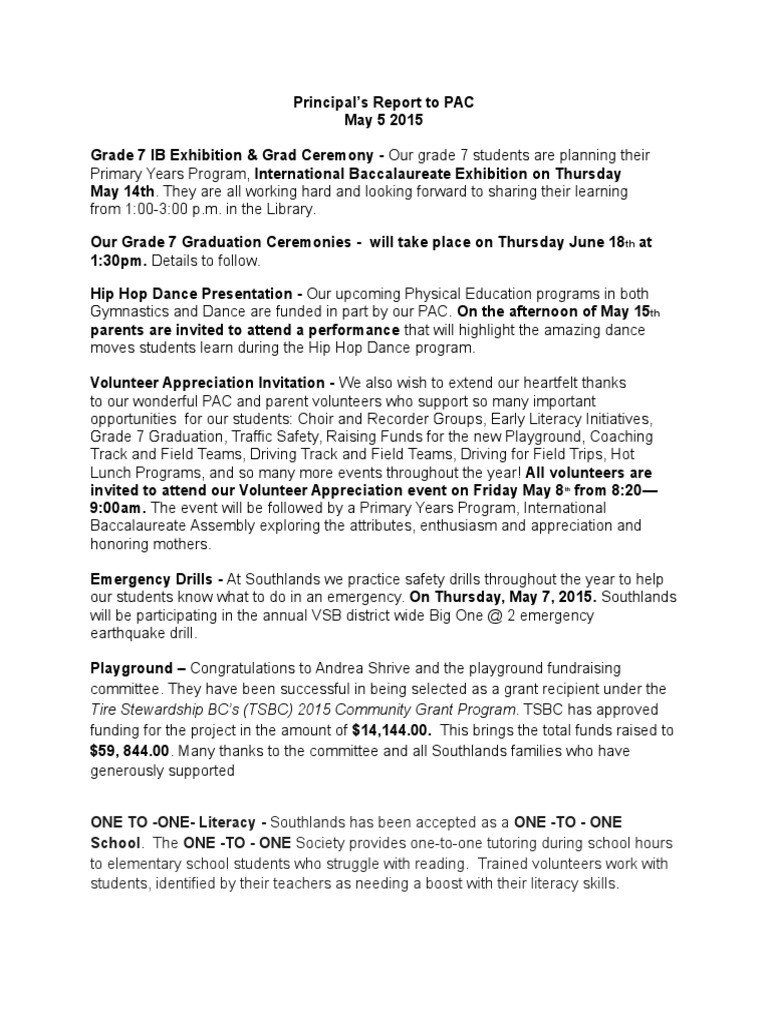 Principals Report To PAC May 5 2015 | PDF | Further Education | Schools