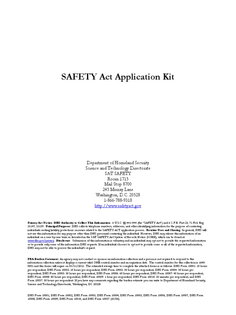 SAFETY Act Application Kit | PDF | United States Department Of Homeland ...