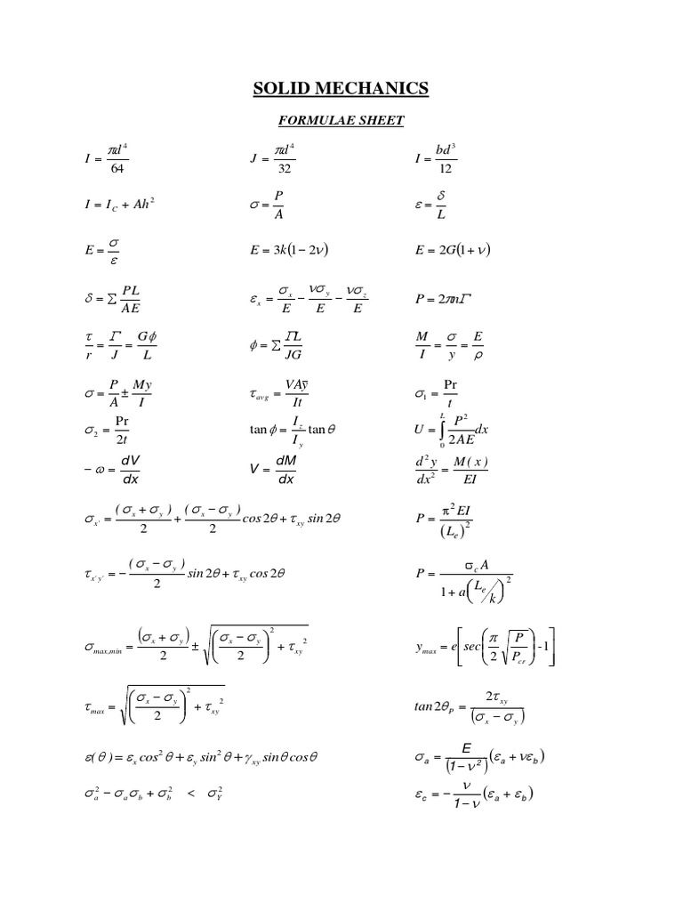 Solid Mechanics Formulae Sheet | PDF