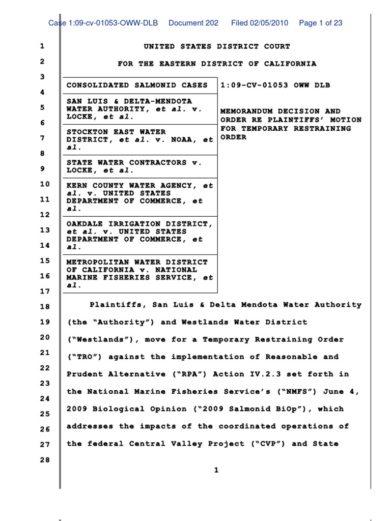 Temporary Restraining Order For Salmon BiOP | PDF | National ...