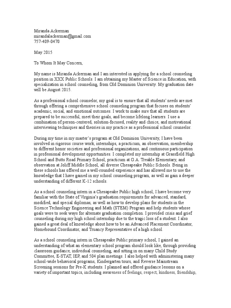 Miranda Ackerman Resume Cover Letter | PDF | School Counselor | Internship