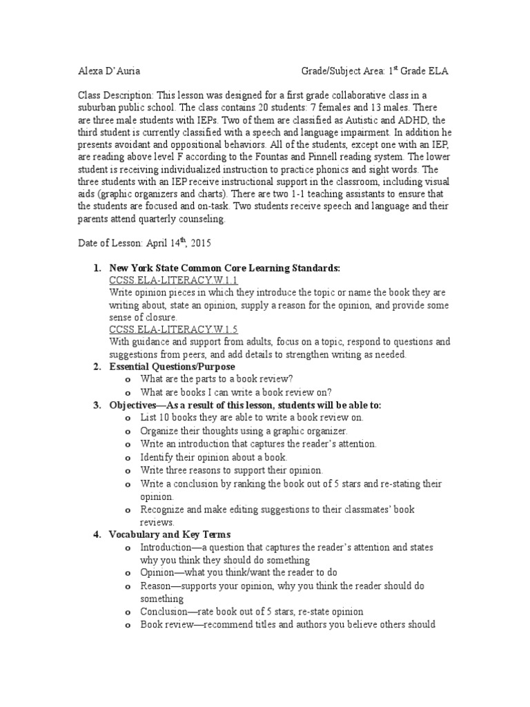 First Grade Book Review Lesson Plan | PDF | Individualized Education ...