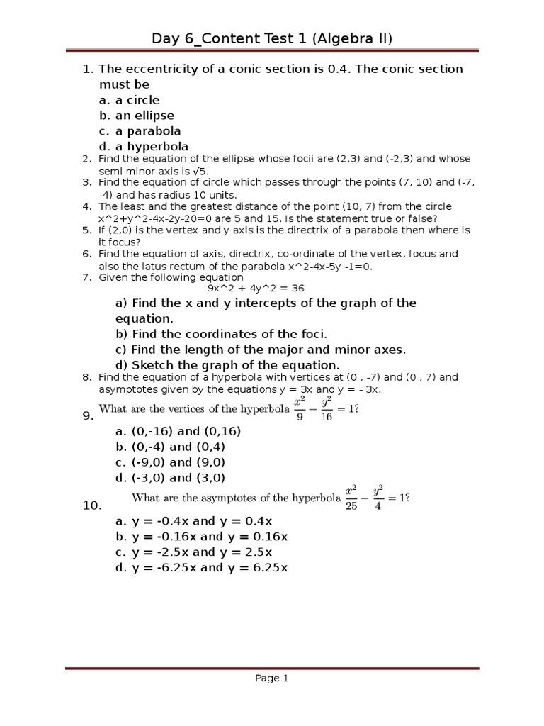 Test 1 (Algebra II) | PDF
