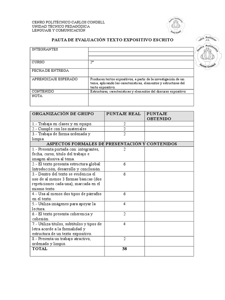 Pauta de Evaluación Texto Expositivo Escrito | PDF