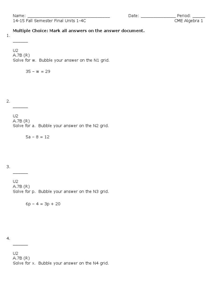 Algebra 1 Fall Final Exam 14-15 | Altitude | Physics & Mathematics