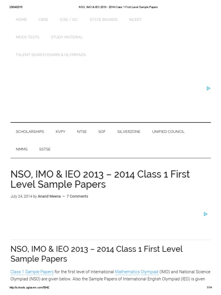 NSO, IMO & IEO 2013 - 2014 Class 1 First Level Sample Papers | PDF ...