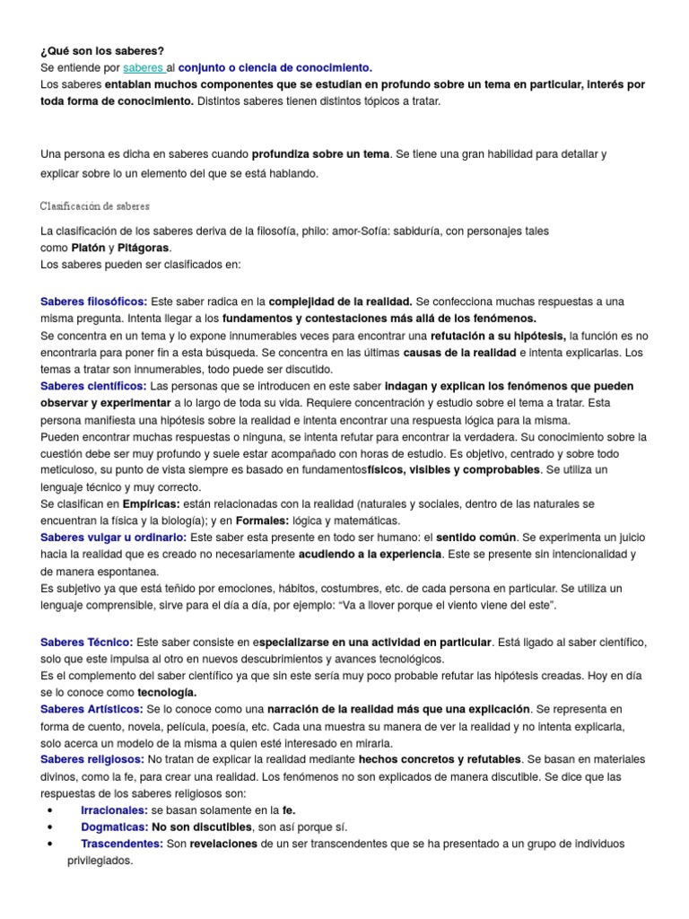 Qué Son Los Saberes | PDF | Realidad | Conocimiento