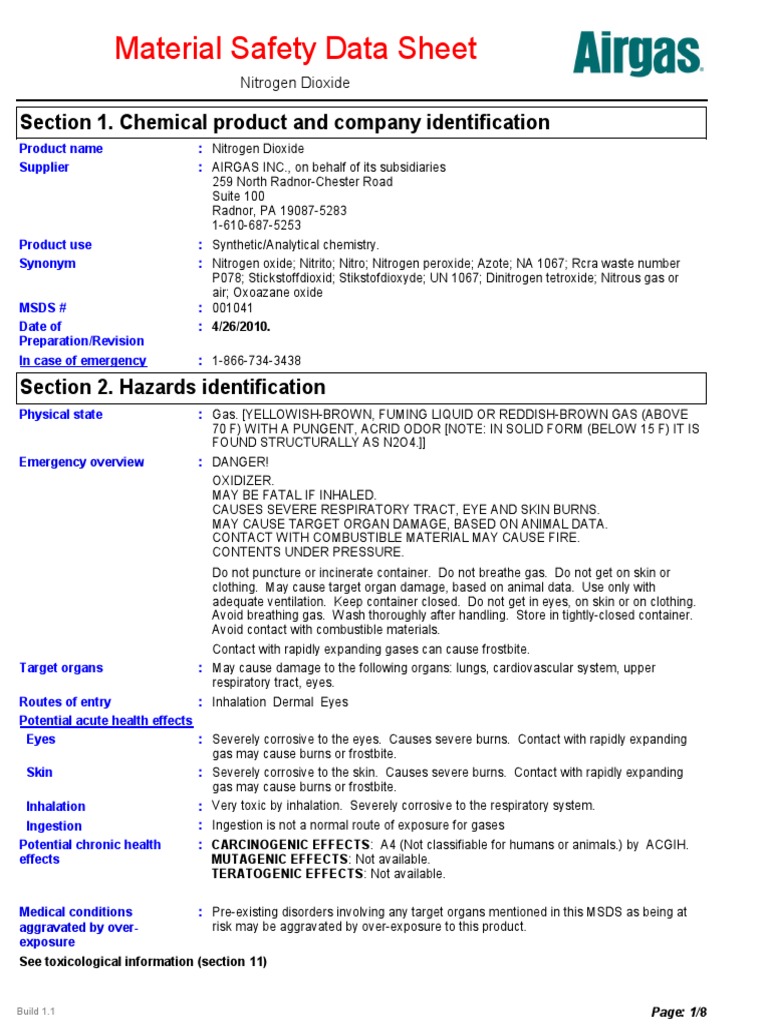 Msds Nitrogen Dioxide | Toxicity | Dangerous Goods
