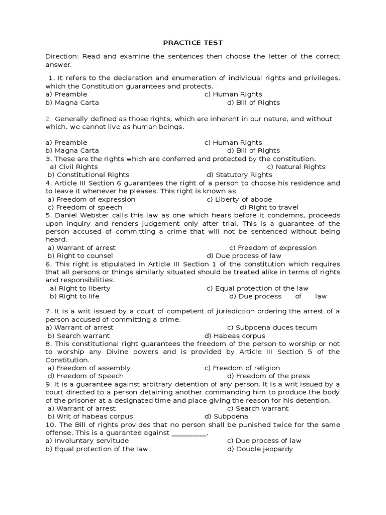 Human Rights Practice Test Questions | PDF | United States Constitution ...