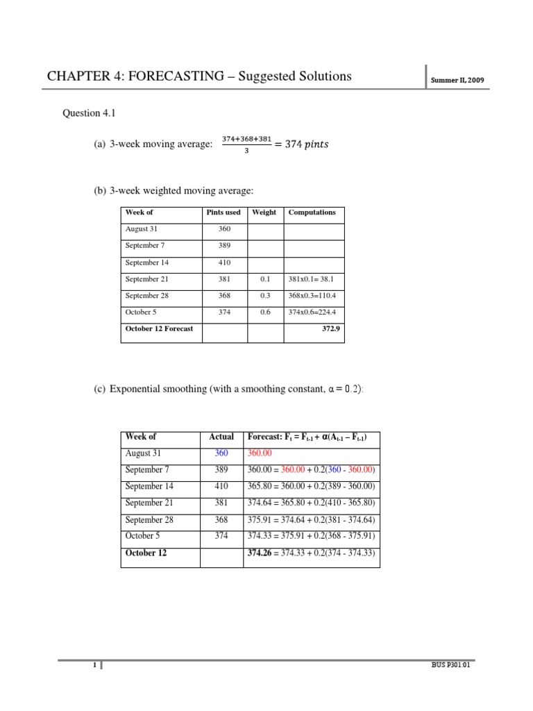 CHAPTER 4: FORECASTING - Suggested Solutions: Summer II, 2009 | PDF | Moving Average | Forecasting