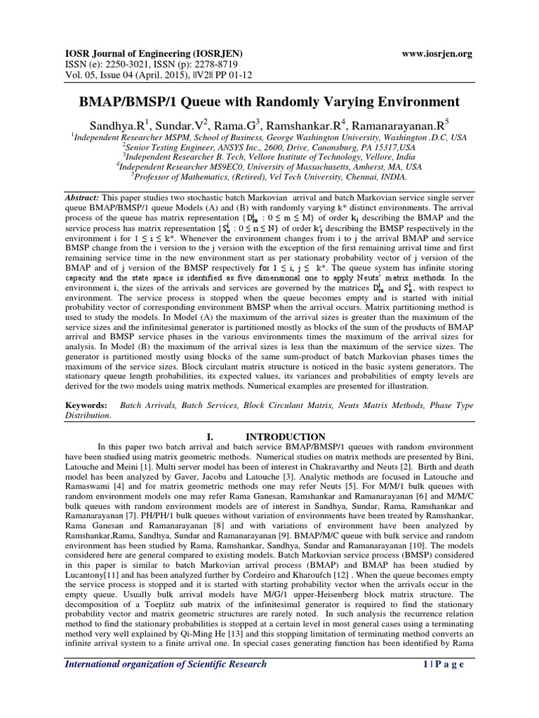 BMAP/BMSP/1 Queue With Randomly Varying Environment: Sandhya.R, Sundar.V, Rama.G, Ramshankar.R ...