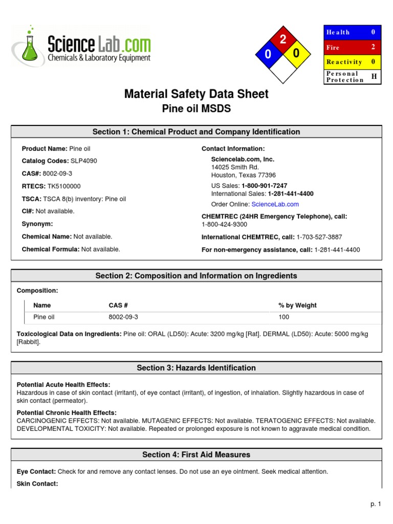 Pine Oil MSDS: Section 1: Chemical Product and Company Identification ...