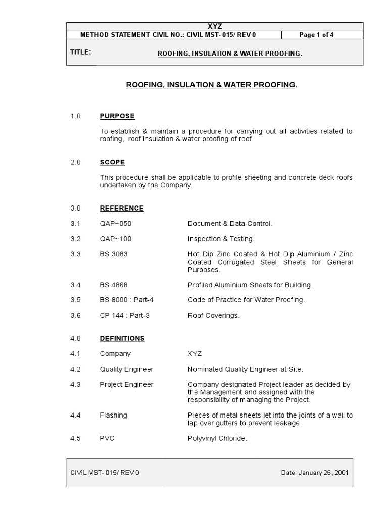 Roof Waterproofing Method Statement | PDF | Roof | Paint