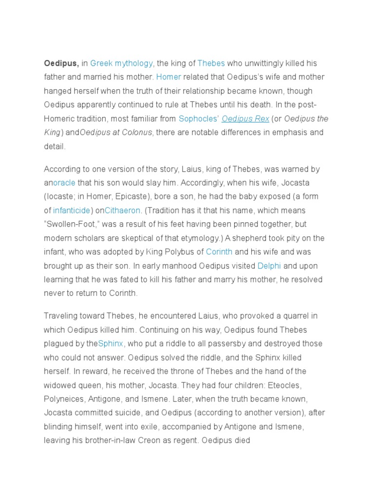 Greek Mythology Thebes Homer: Oedipus, in | PDF | Oedipus | Sophocles