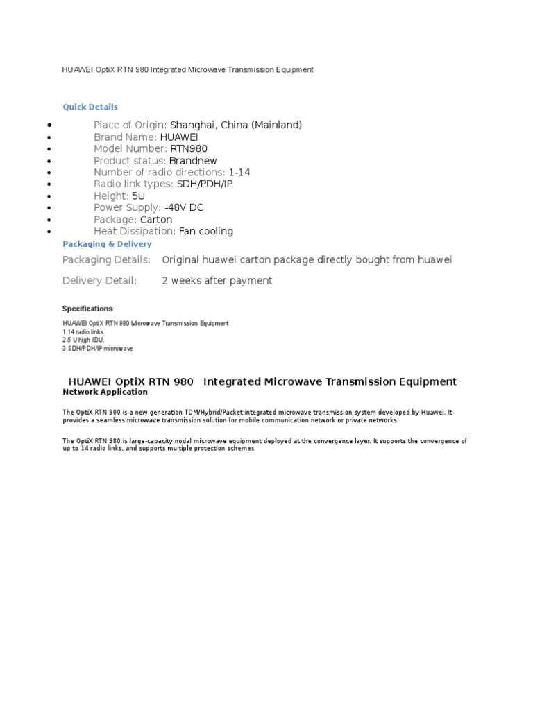 HUAWEI OptiX RTN 980 Microwave Equipment | PDF | Internet Protocols ...