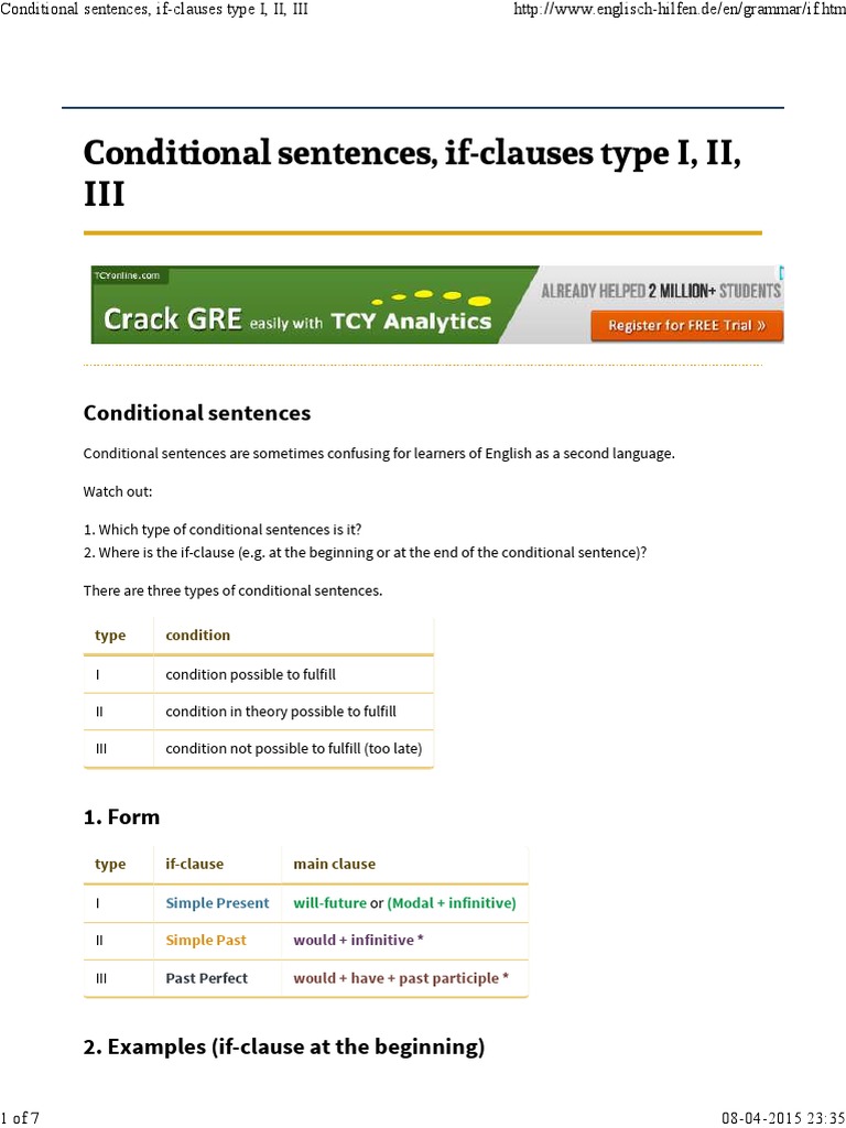 Conditional Sentences, If-Clauses Type I, II, III PDF | PDF | English ...