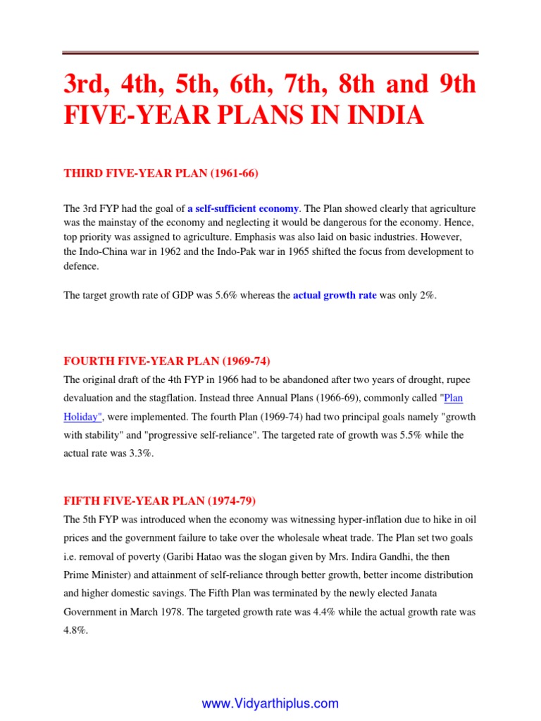An Overview of India's 3rd through 9th Five-Year Plans: Goals, Targets, and Outcomes | PDF ...