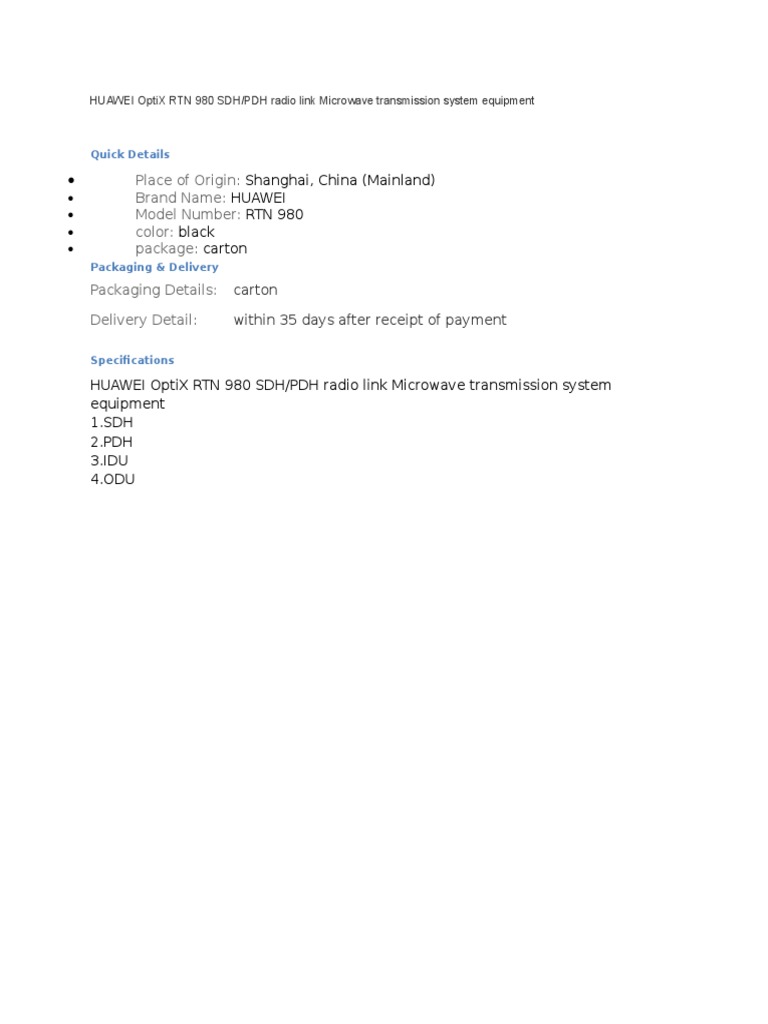 Huawei OptiX RTN 980 Overview | PDF