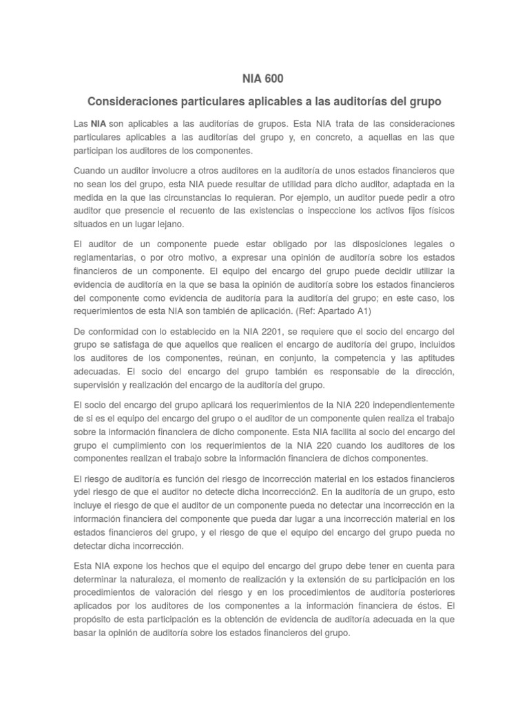 Nia 600, 610, 620 | PDF | Contralor | Auditoría financiera