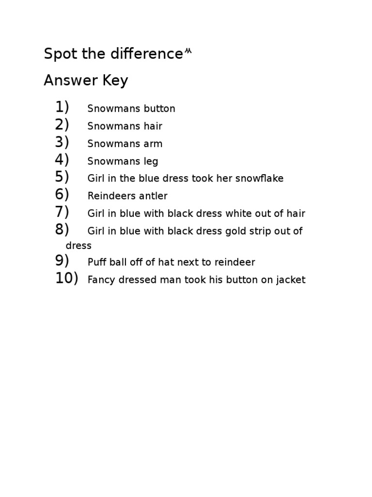Spot The Difference Answer Key 1) 2) 3) 4) 5) 6) 7) 8) 9) 10) | PDF