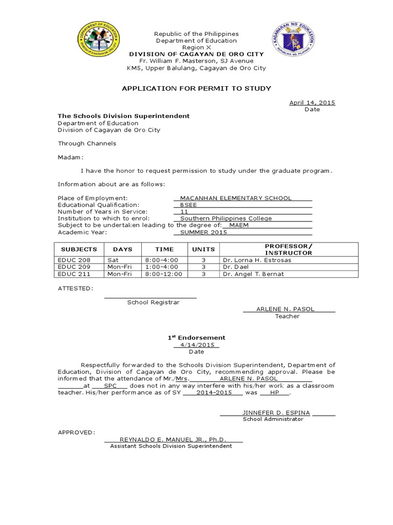 Application For Permit To Study: Division of Cagayan de Oro City | PDF ...