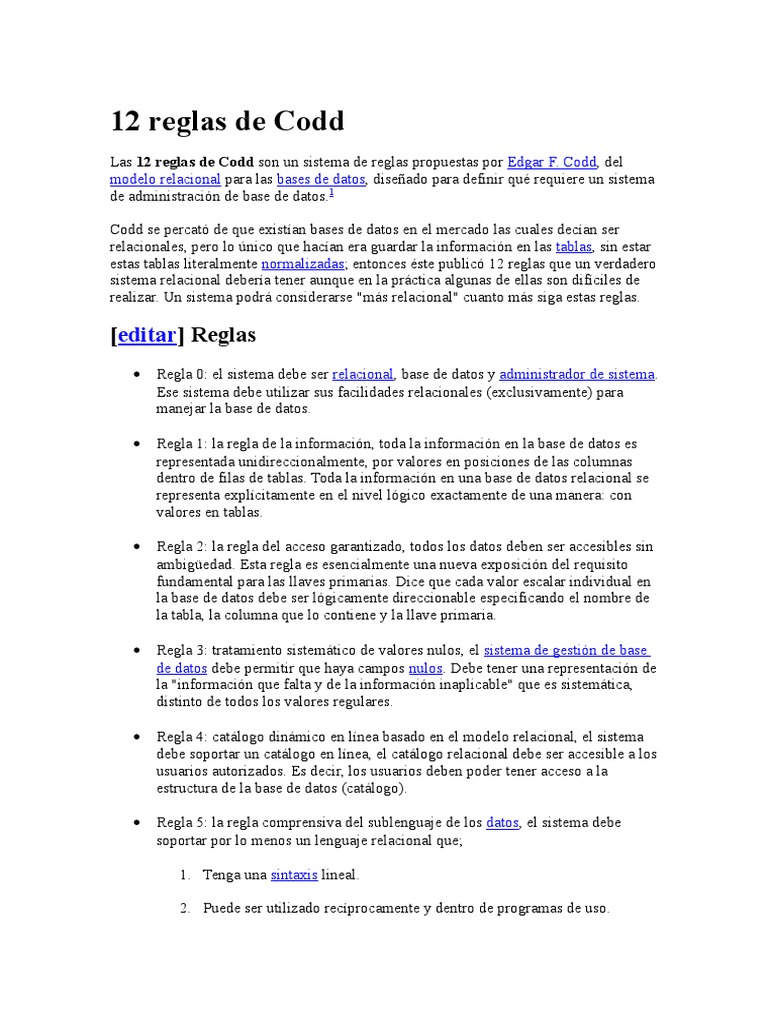 12 Reglas de Codd | PDF | Modelo relacional | SQL