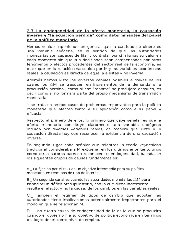 CAPÍTULO 2 - 2.7 - La Endogeneidad de La Oferta Monetaria, La Causación ...