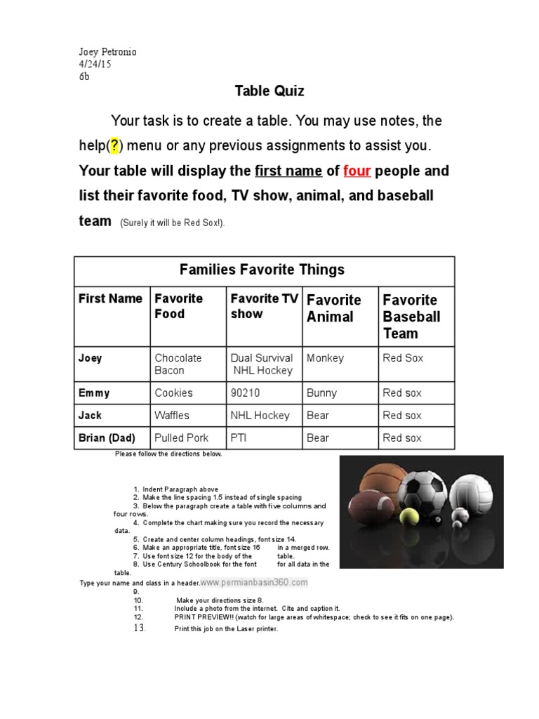 Family Favorite Things Table Quiz | PDF