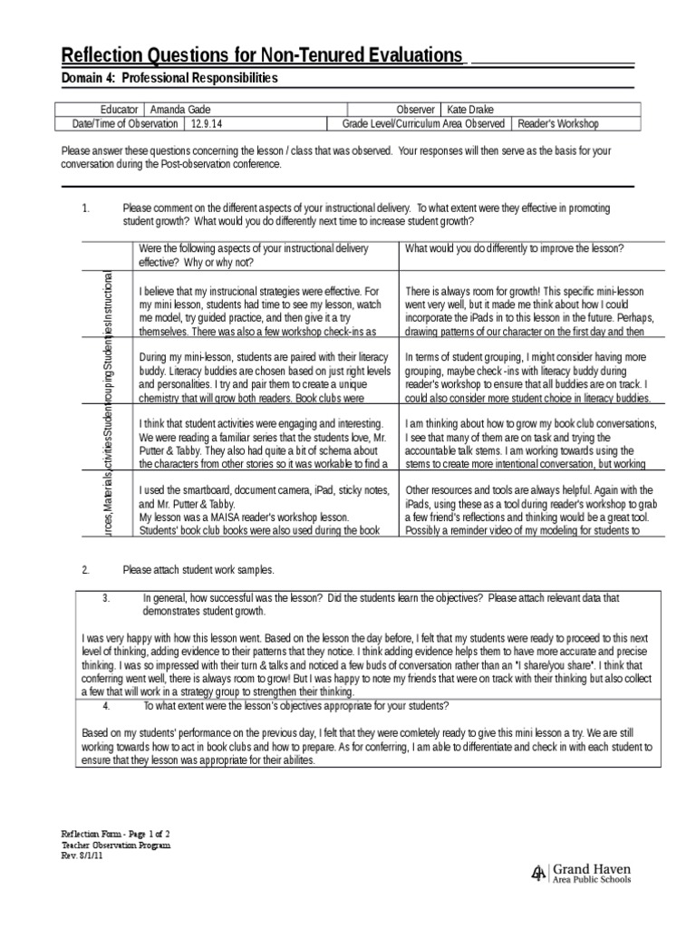 12 9 14 Observation Reflection | PDF | Educational Assessment | Classroom