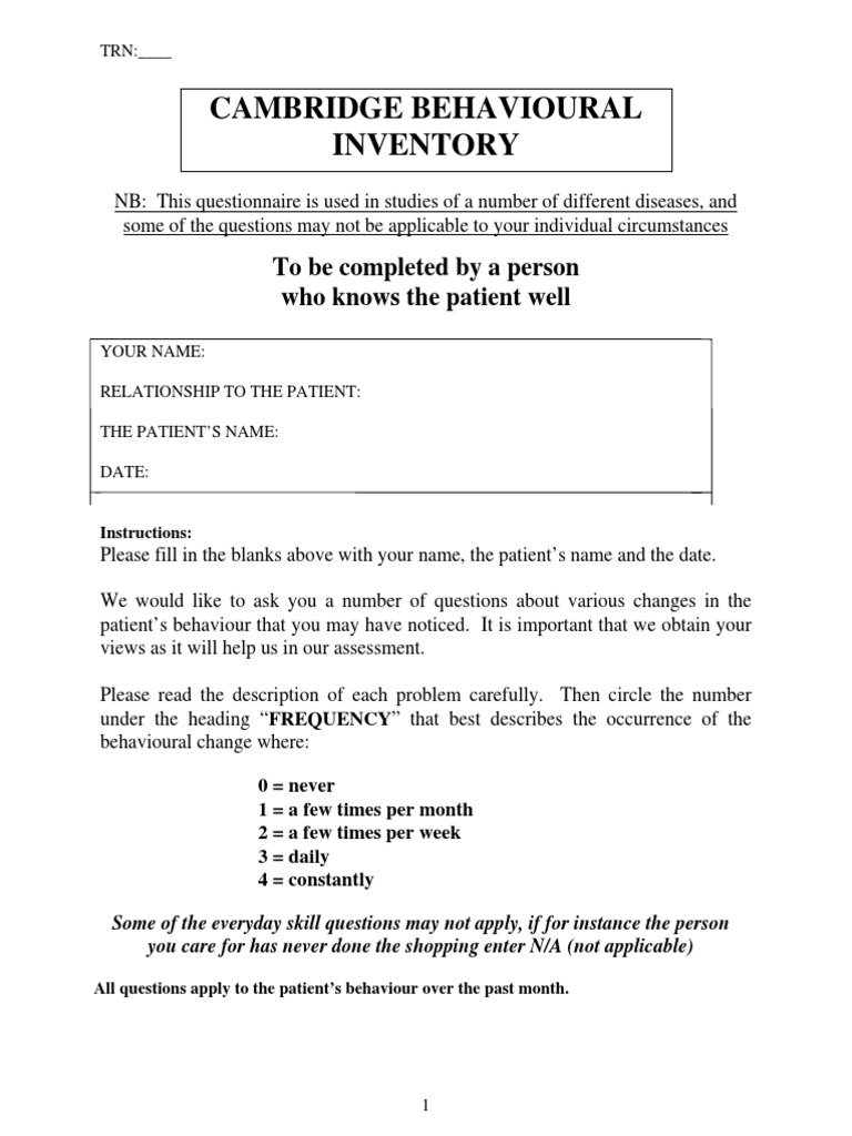Cambridge Behavioural Inventory | PDF | Dementia | Behavioural Sciences