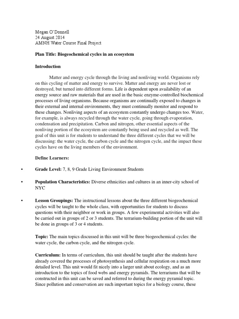 Biogeochemical Cycles Unit Lesson Plan | PDF | Nitrogen | Ecosystem