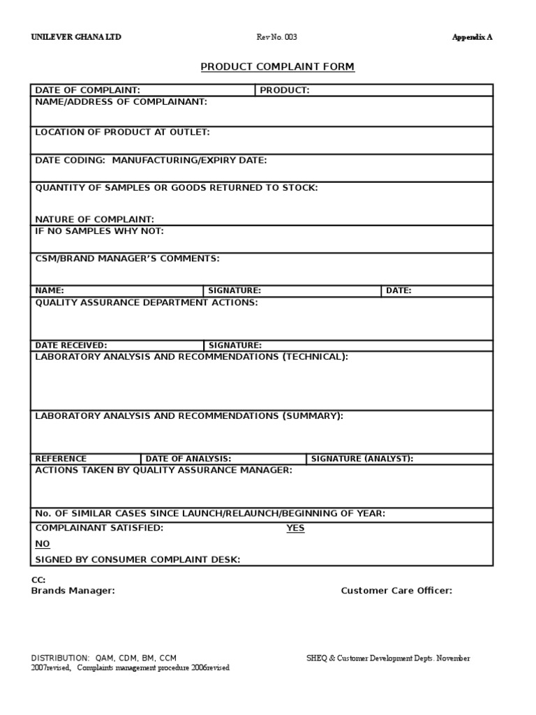 Product Complaint Form: Unilever Ghana LTD | PDF