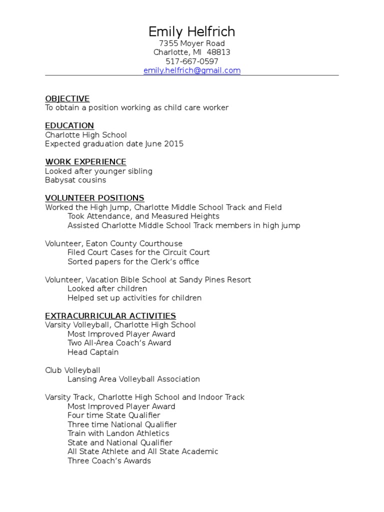 Emily Helfrich: Child Care Worker Resume | PDF
