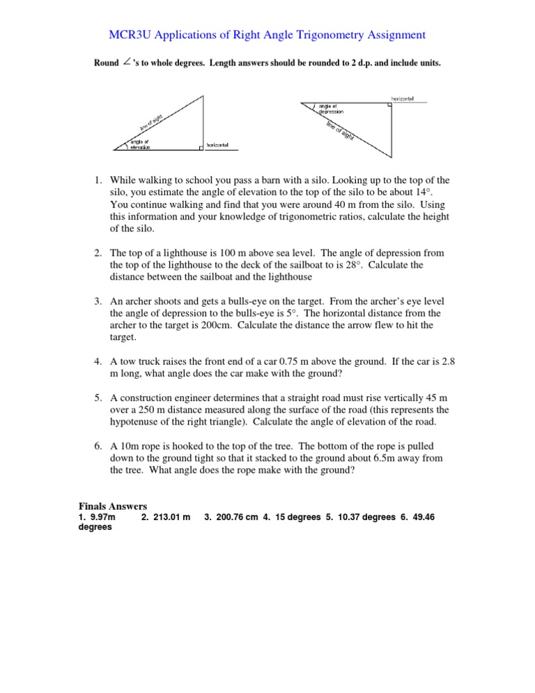 MCR3U Applications of Right Angle Trigonometry Assignment | PDF