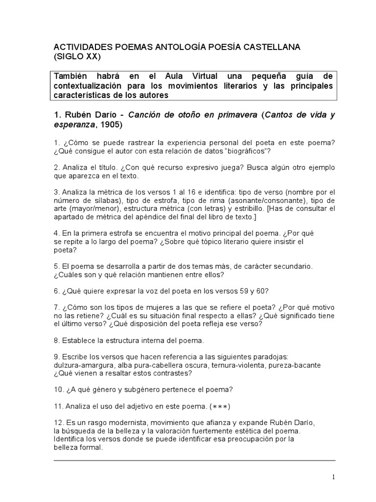 Actividades Antologia Poesia Castellana 030413 | PDF | Metro (poesía ...